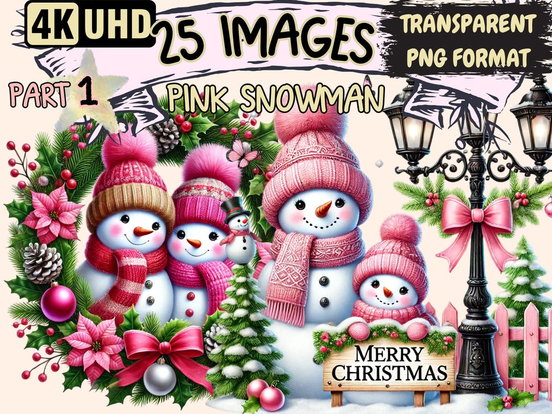 Pink Snowman Clipart - 25 PNG Cute Snowman Graphics, Pastel Winter ...
