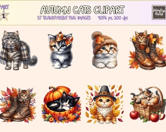 Fall Cats Clipart | Autumn Clipart | Cat Clipart | Watercolor Clipart ...