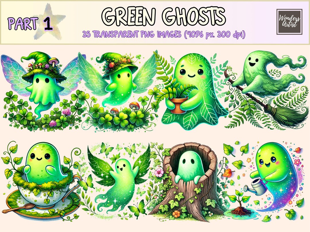 Green Ghosts Clipart - 35 PNG Spooky Cute Graphics, Whimsical Spirit ...