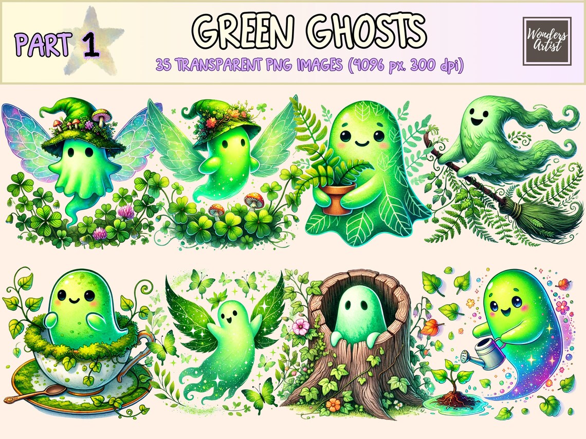 Green Ghosts Clipart - 35 PNG Spooky Cute Graphics, Whimsical Spirit ...