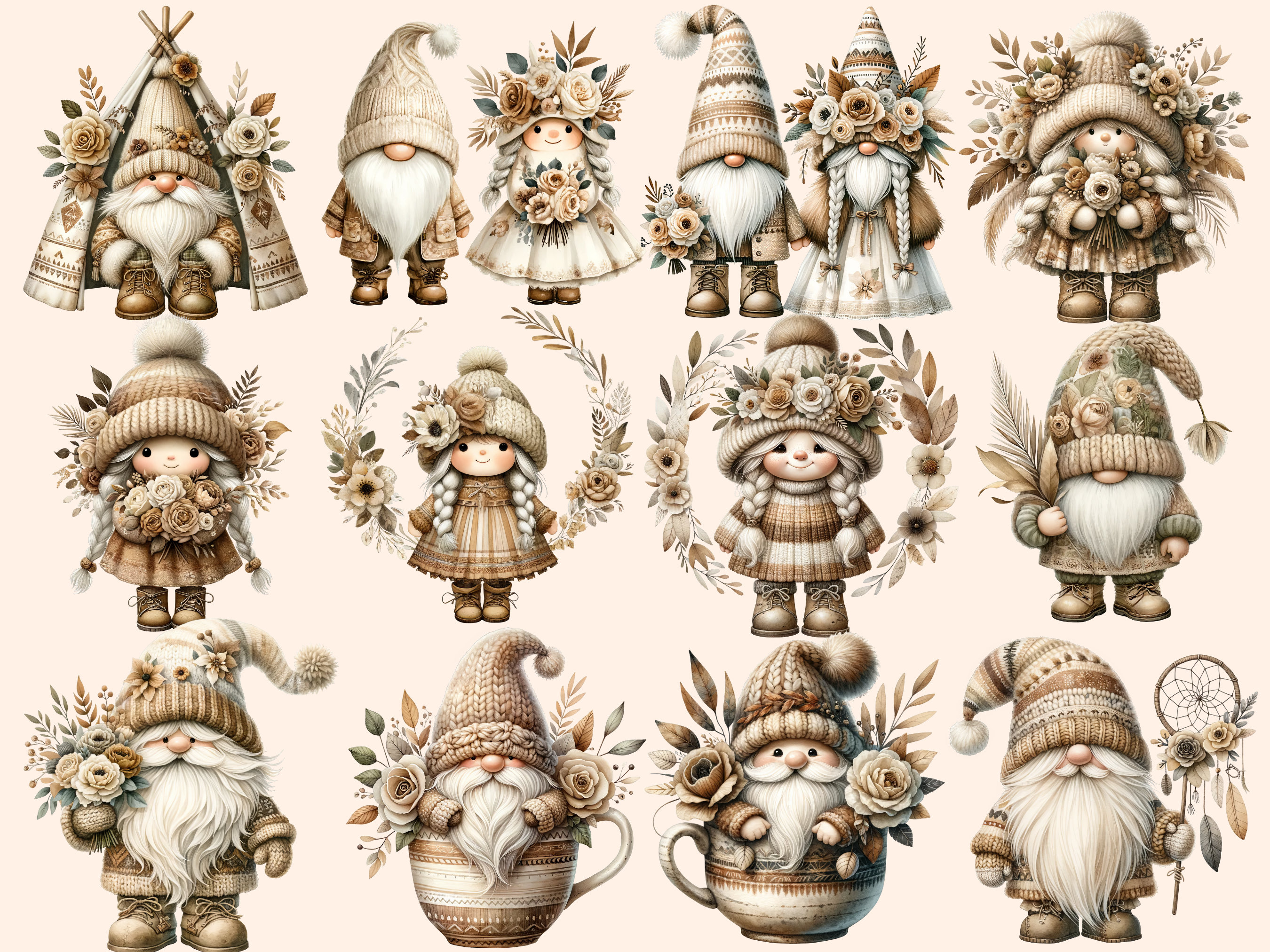 Boho Gnomes Clipart – 24 PNG Bohemian Flower Graphics (digital Download ...