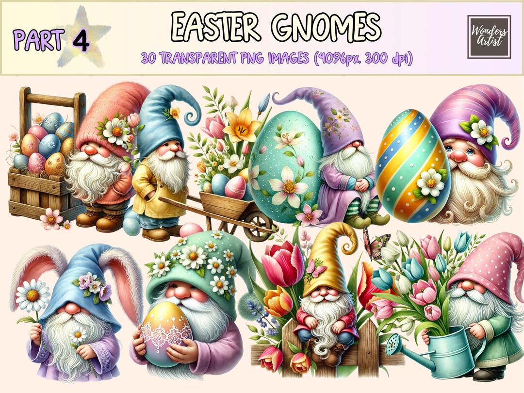 Easter Gnomes (P4) Clipart - 34 PNG Spring Holiday Graphics, Cute Gnome ...