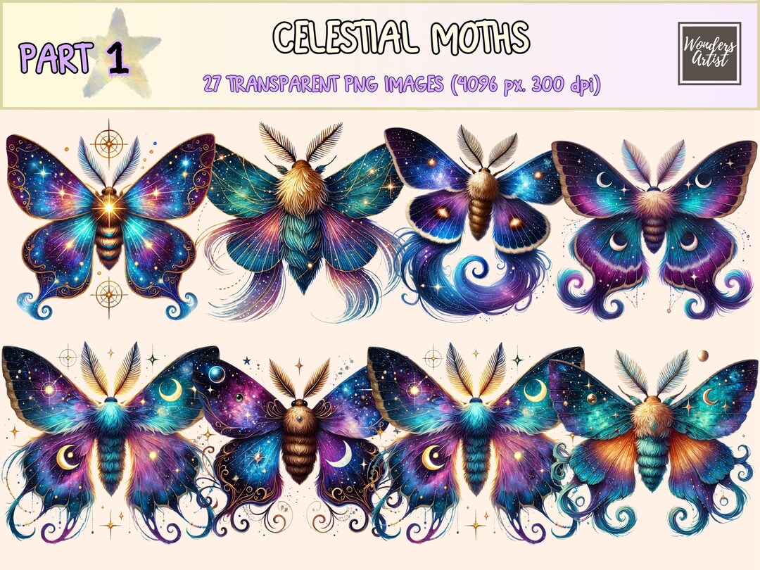 Celestial Moths Clipart - 27 PNG Cosmic Insect Graphics, Mystical ...