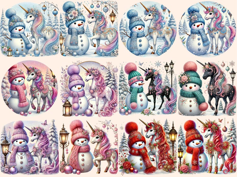 Snowmen and Unicorns Clipart – Winter Fantasy PNG Illustrations ...