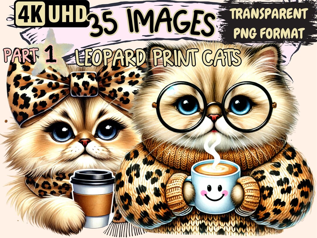 Leopard Print Cats Clipart - 35 PNG Stylish Kitty Illustrations Print ...