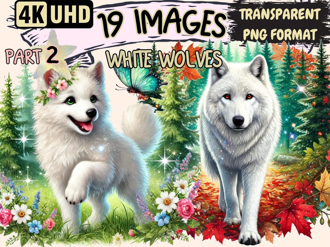 White Wolves (P2) Clipart - 19 PNG Arctic Wolf Illustrations, Forest Wildlife Art, Instant ...