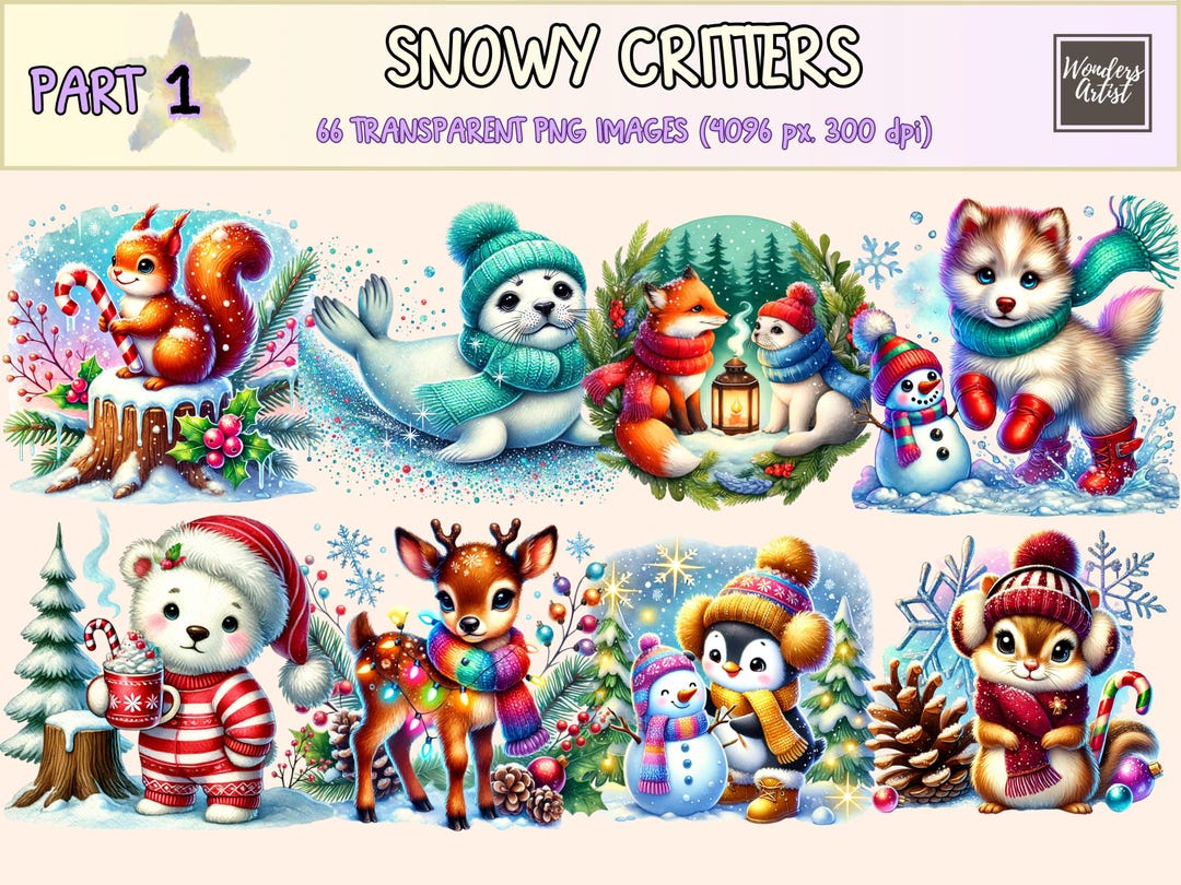 Snowy Critters Clipart - 66 PNG Winter Animal Graphics, Cute Woodland ...