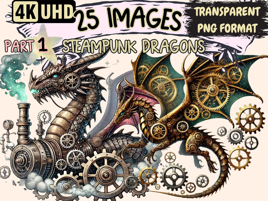 Steampunk Dragons Clipart - 25 PNG Mechanical Dragon Illustrations, Fantasy Art, Instant Digital ...