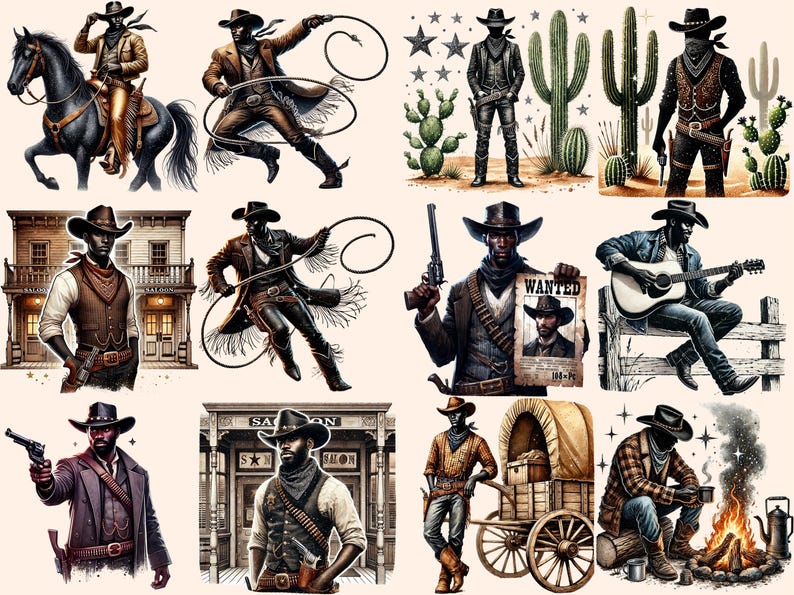 Black Cowboys Clipart – Western Hero PNG Illustrations (digital ...