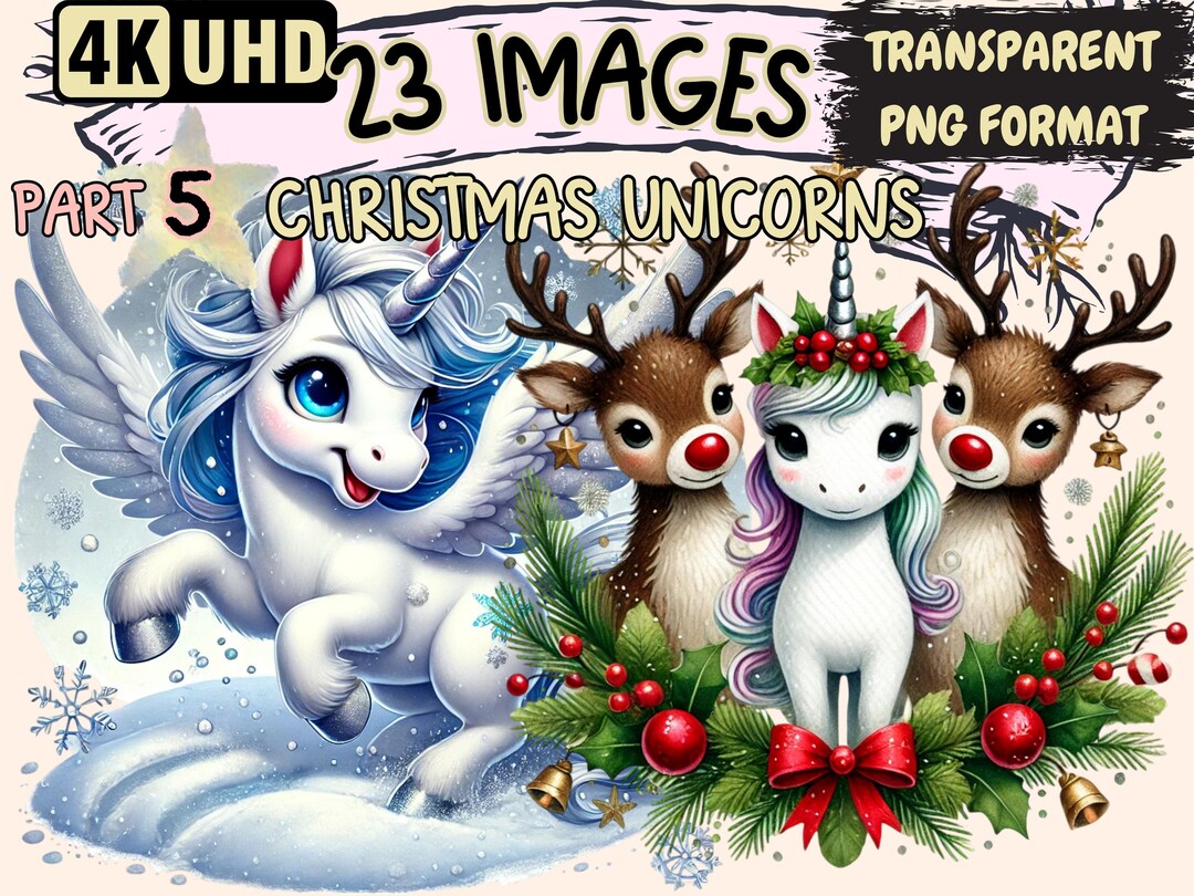 Christmas Unicorns (P5) Clipart - 23 PNG Festive Unicorn Illustrations ...