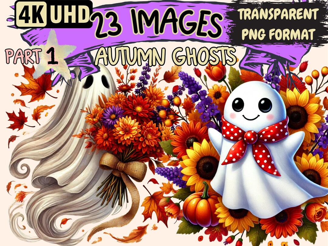 Autumn Ghosts Clipart - 23 PNG Cozy Spooky Illustrations, Fall-themed ...
