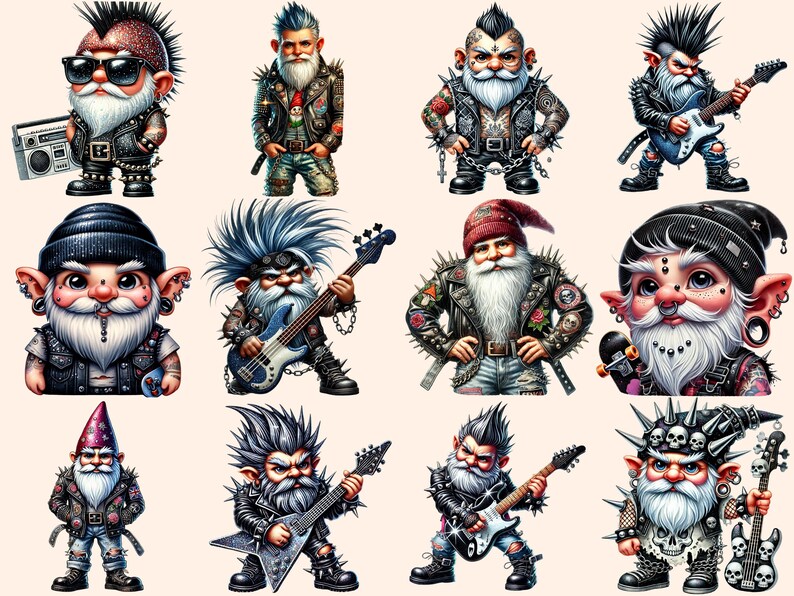 Punk Gnomes Clipart – 27 Edgy Rock Art PNG Illustrations (digital ...