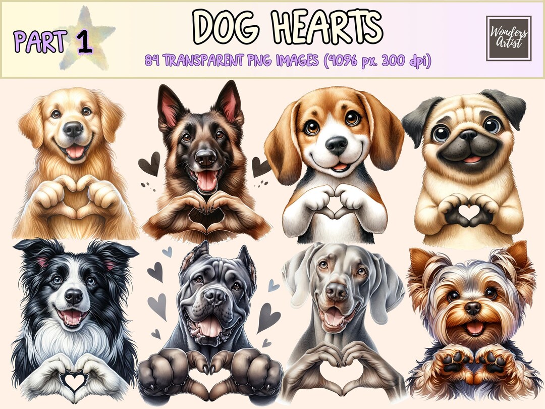 Dog Hearts Clipart Bundle - 84 PNG Cute Puppy Graphics, Adorable Doggy ...