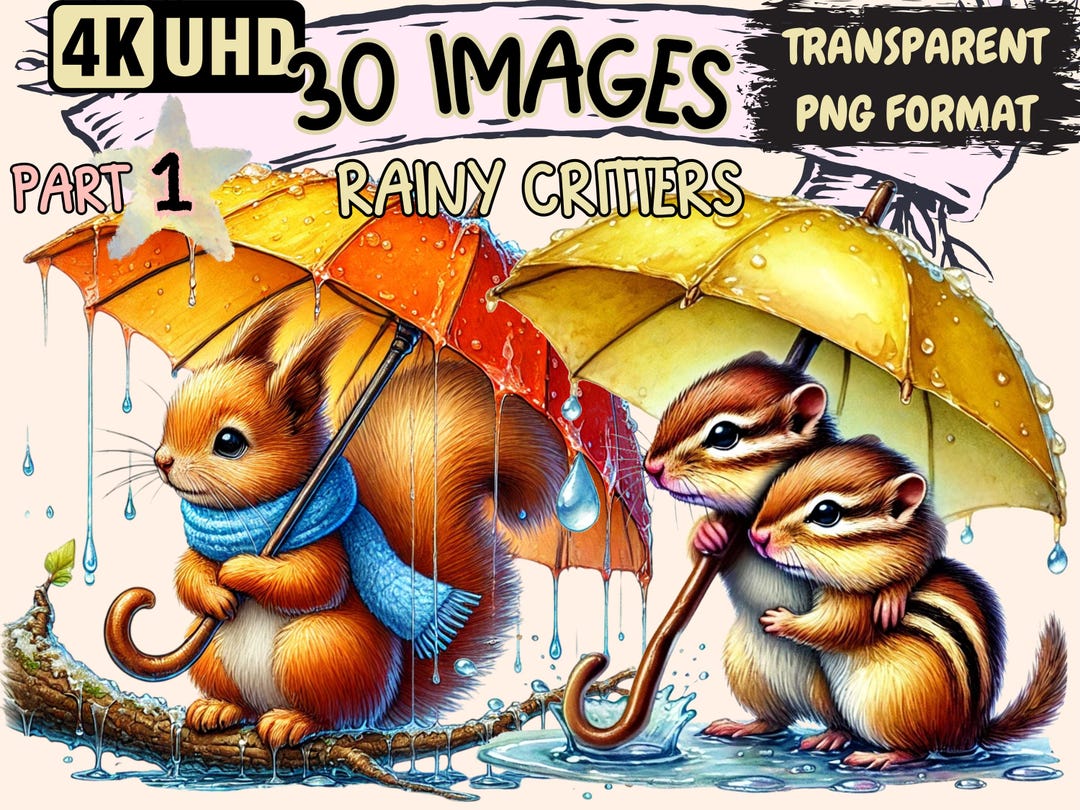 Rainy Critters Clipart - 30 PNG Adorable Animal Illustrations With ...