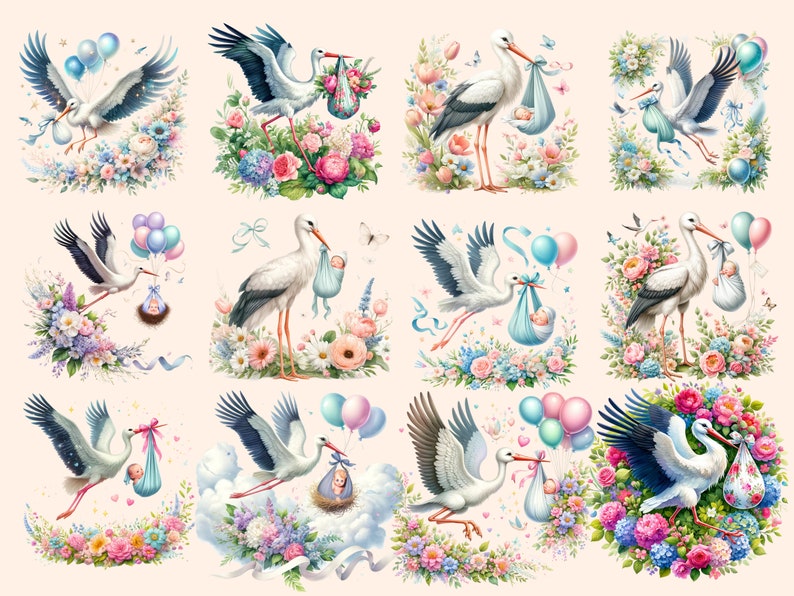 Storks With Babies Clipart – Baby Shower PNG Graphics (digital Download ...