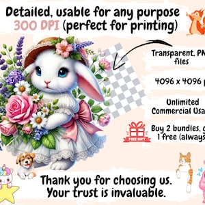 Flower Bunnies (P2) Clipart - 26 PNG Floral Rabbit Illustrations ...