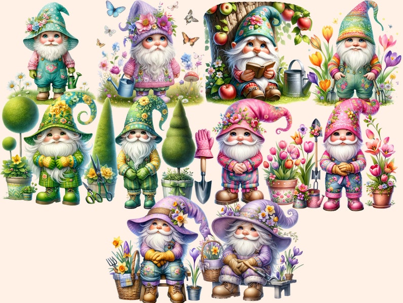 Garden Gnomes Clipart Bundle 22 PNG Springtime Gardener Gnome, Cute ...