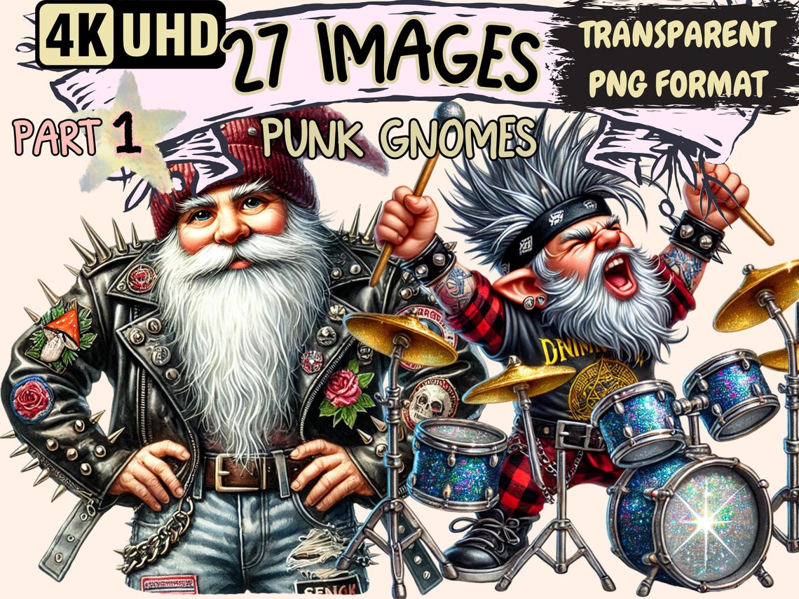 Punk Gnomes Clipart – 27 Edgy Rock Art PNG Illustrations (digital ...