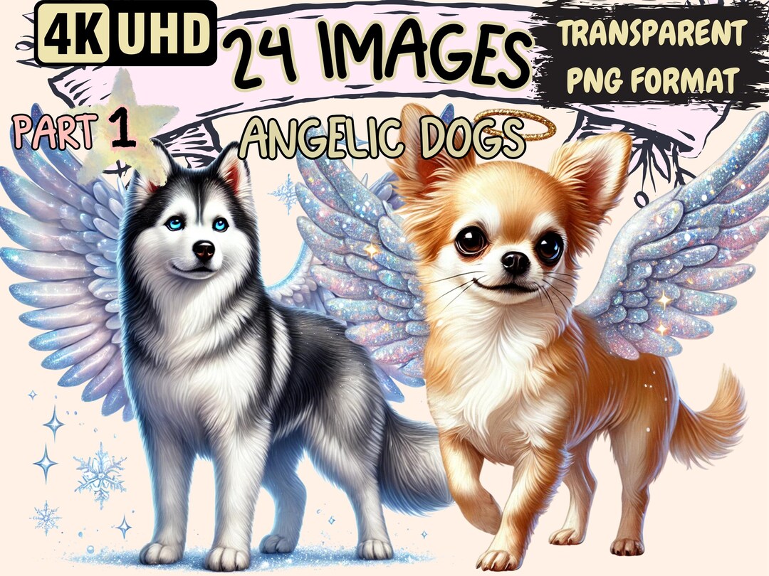 Angelic Dogs Clipart - 24 PNG Heavenly Puppies Illustrations, Whimsical ...