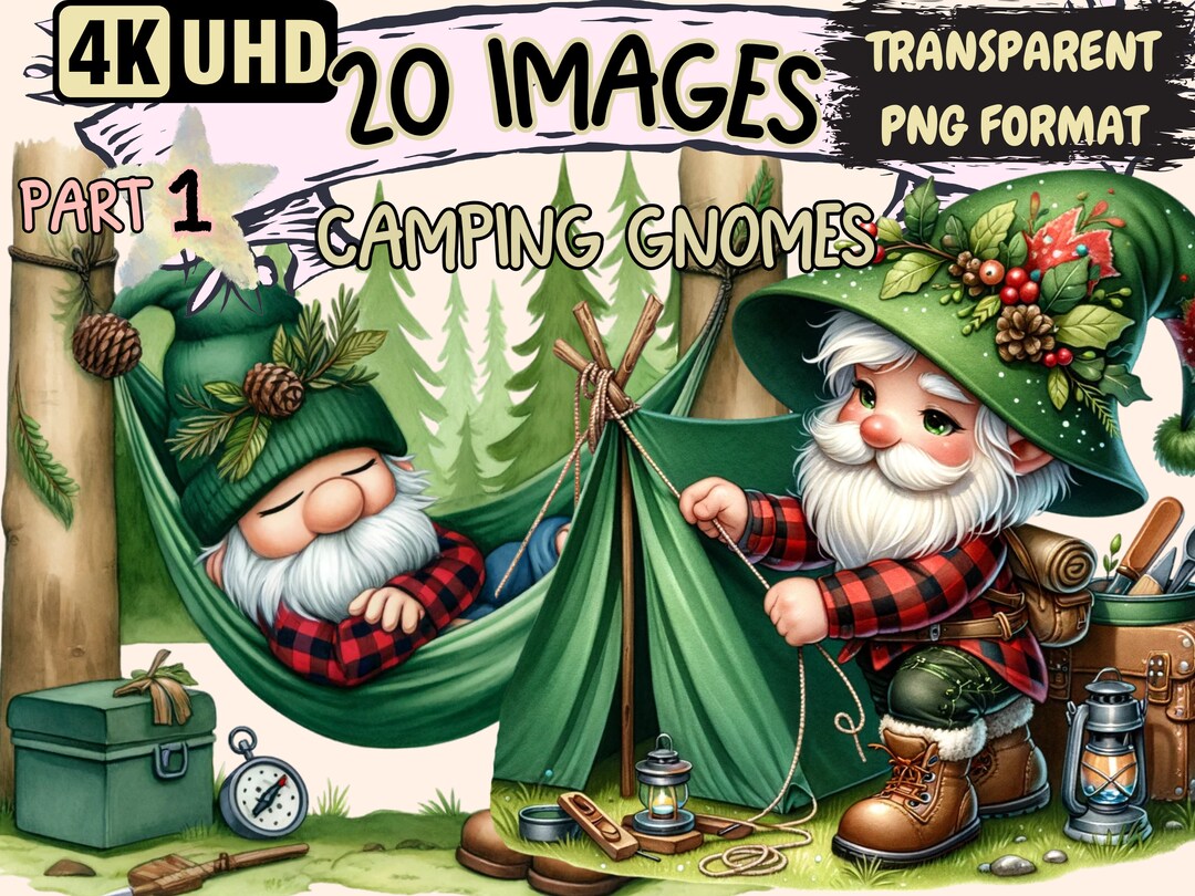 Camping Gnomes Clipart - 20 PNG Whimsical Gnome Graphics, Outdoor ...