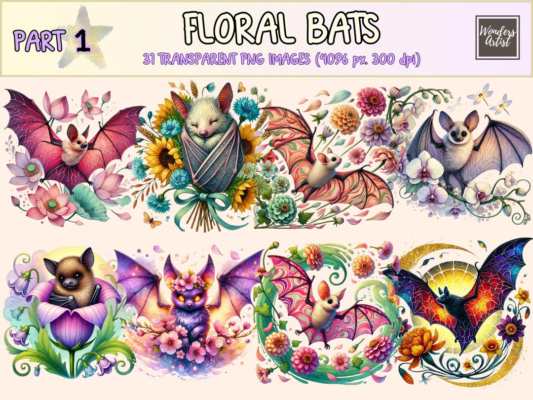 Floral Bats Clipart - 31 PNG Whimsical Bat Graphics, Botanical Gothic ...