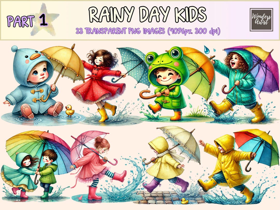 Rainy Day Kids (P1) Clipart - 33 PNG Cute Weather Graphics, Umbrella ...