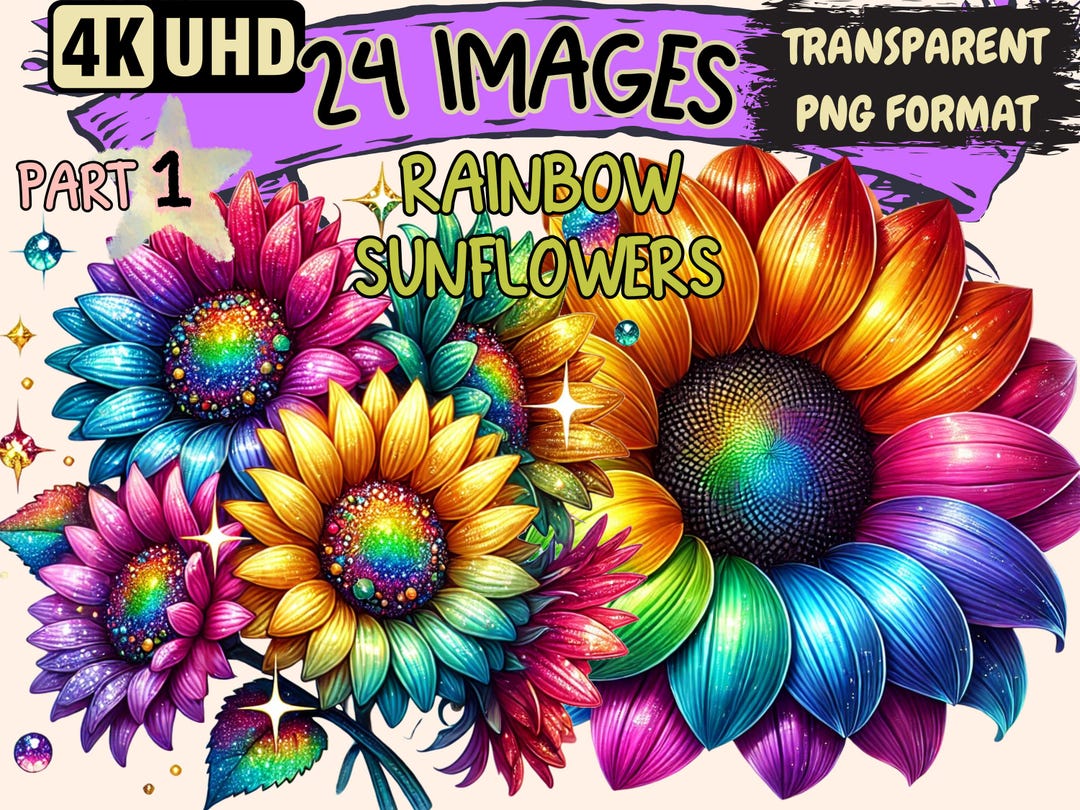 Rainbow Sunflowers Clipart – 24 PNG Floral Illustrations (digital ...