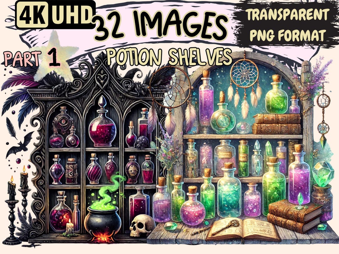 Potion Shelves Clipart - 32 PNG Magical Illustrations (digital Download ...
