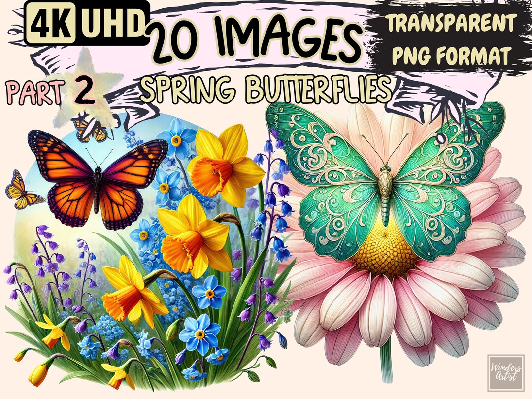 Spring Butterflies (P2) Clipart - 20 PNG Springtime Floral Graphics ...