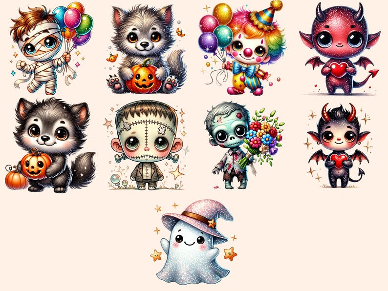 Little Halloween Monsters Clipart - 21 PNG Cute Spooky Illustrations ...