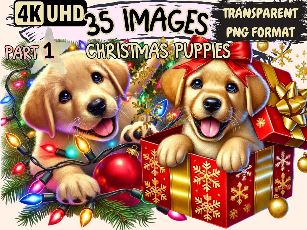 Christmas Puppies Clipart - 35 PNG Cute Holiday Puppy Graphics, Festive ...