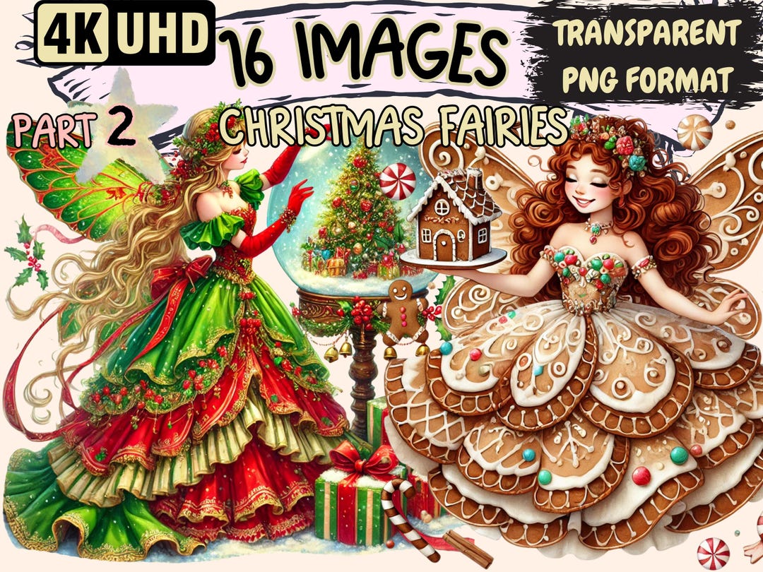 Christmas Fairies (P2) Clipart - 16 PNG Festive Fairy Graphics, Holiday ...