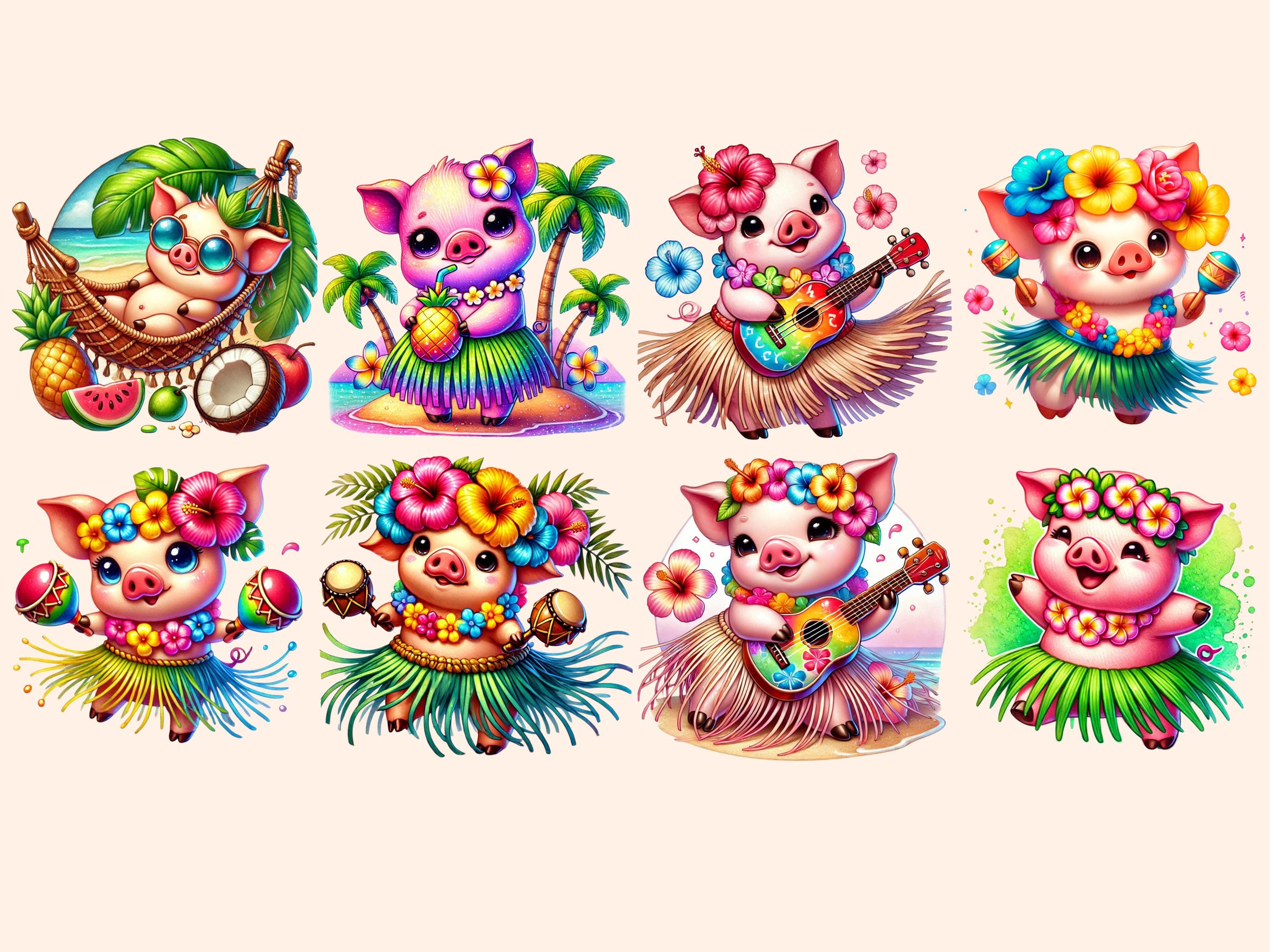 Hula Pigs Clipart – 20 PNG Illustrations, Luau Party (digital Download ...
