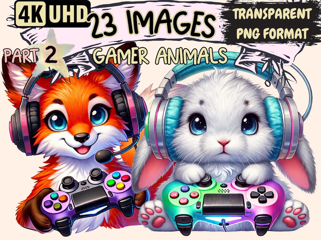Gamer Animals (P2) Clipart - 23 PNG Playful Animal Illustrations Gaming ...