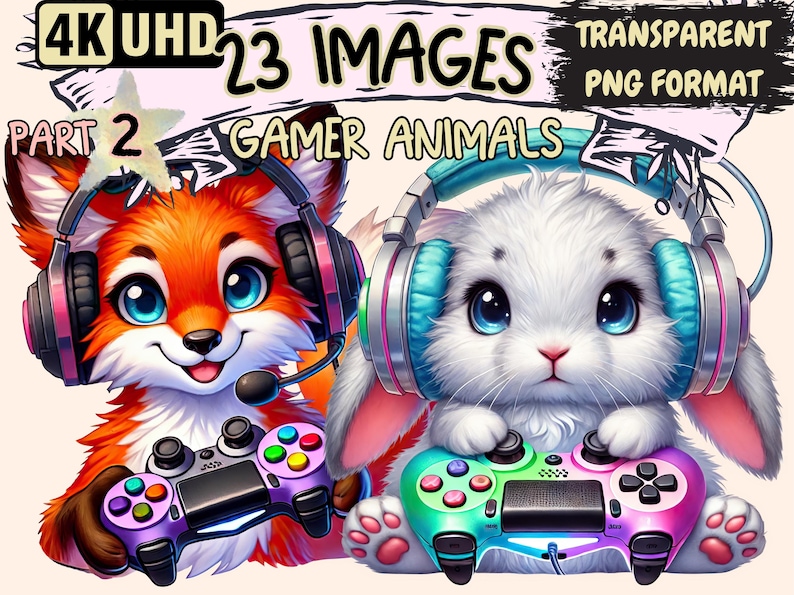 Gamer Animals Clipart – Playful Gaming PNG Illustrations (digital ...