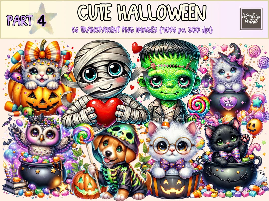 Cute Halloween (P4) Clipart - 56 PNG Adorable Spooky Illustrations ...