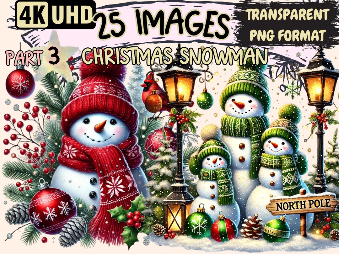Christmas Snowman Clipart – 25 Festive PNG Graphics (digital Download ...