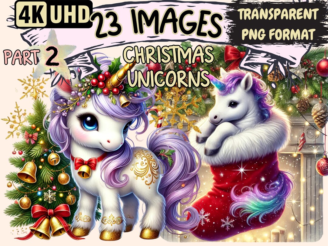 Christmas Unicorns (P2) Clipart - 23 PNG Festive Unicorn Illustrations ...