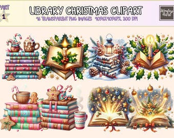 12 Christmas Bookshelf Clipart – Whimsical Holiday Library Bookish ...