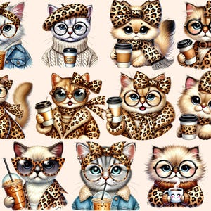 Leopard Print Cats Clipart – 35 PNG Stylish Illustrations (digital ...