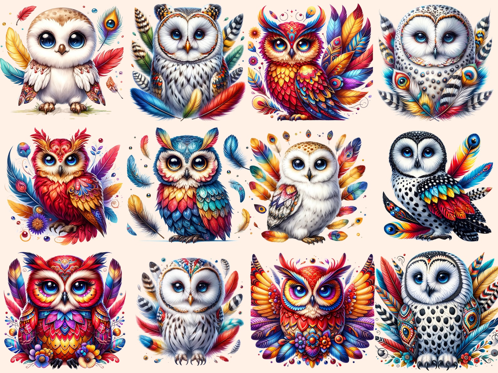 Boho Owls Clipart – 19 Whimsical PNG Graphics, Commercial Use (digital ...