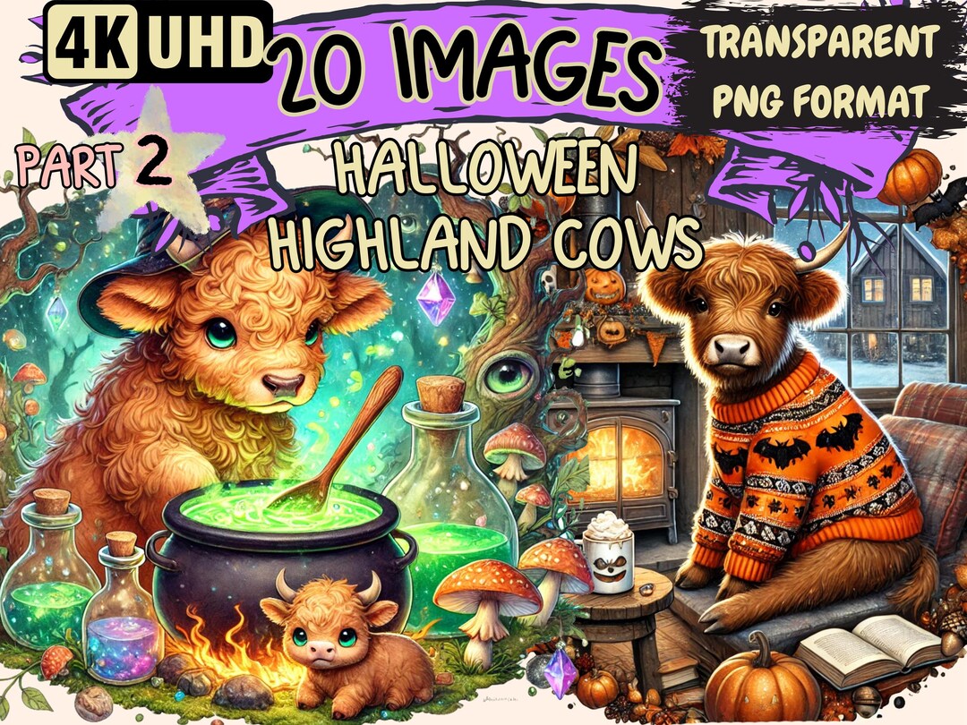 Halloween Highland Cows (P2) Clipart - 20 PNG Spooky Cow Illustrations ...