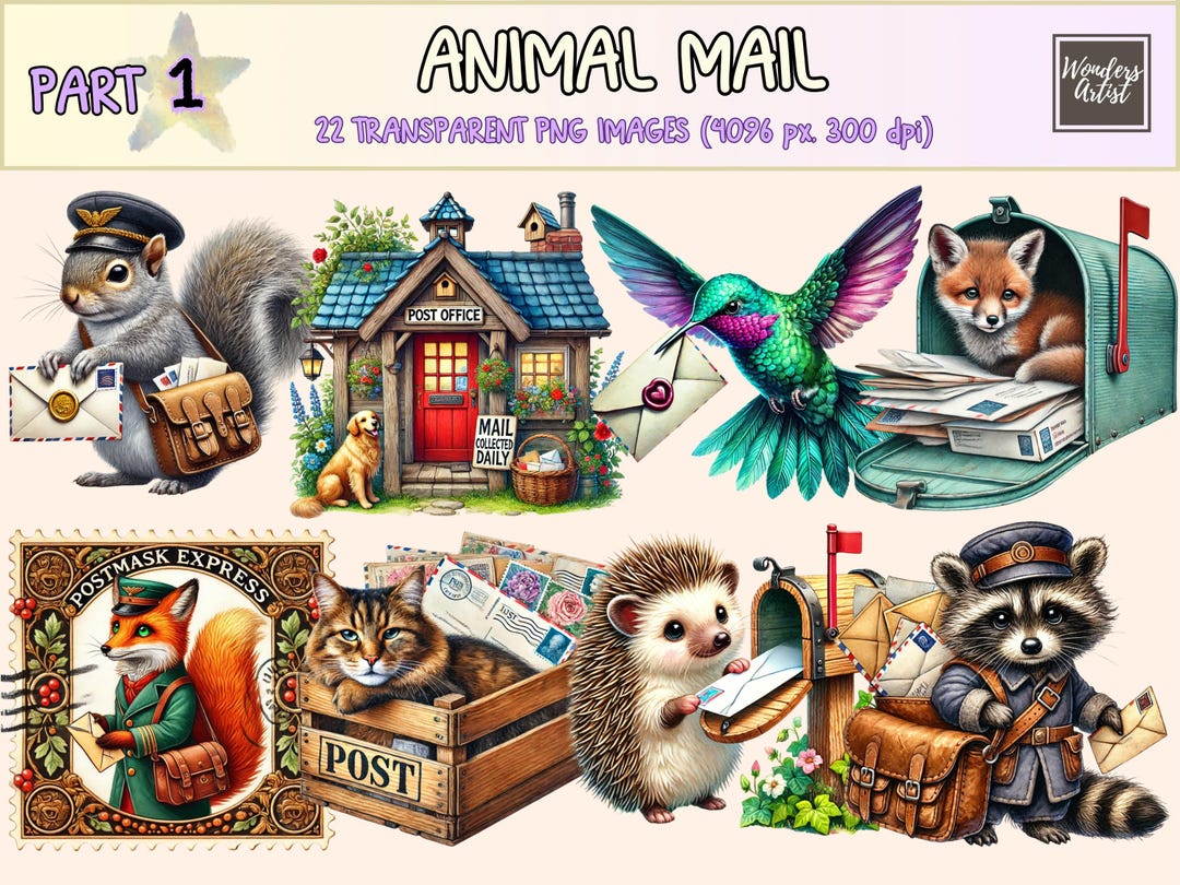 Animal Mail (P1) Clipart - 22 PNG Cute Animal Graphics, Envelope ...