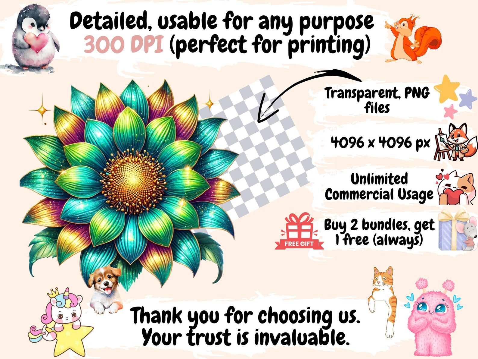 Rainbow Sunflowers Clipart - 23 PNG Floral Illustrations (digital ...