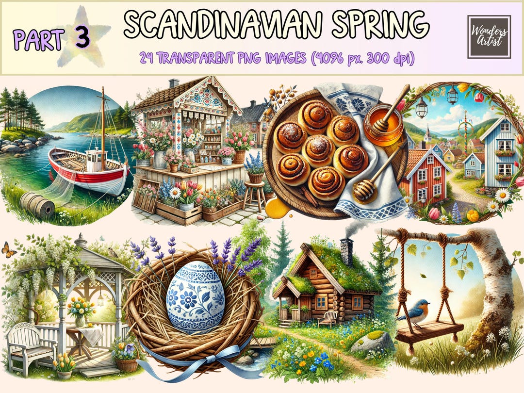 Scandinavian Spring (P3) Clipart - 24 PNG Nordic Floral Graphics ...