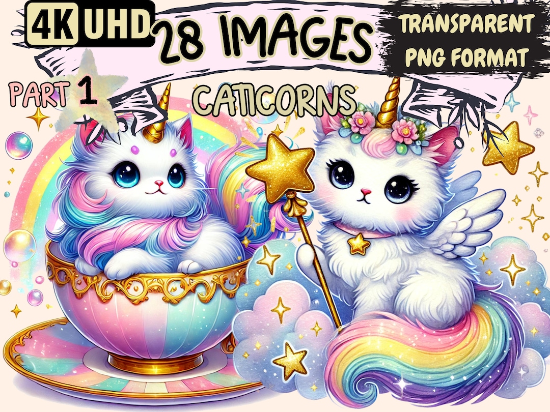 Caticorns Clipart - 28 PNG Magical Cat Unicorn Graphics, Whimsical ...