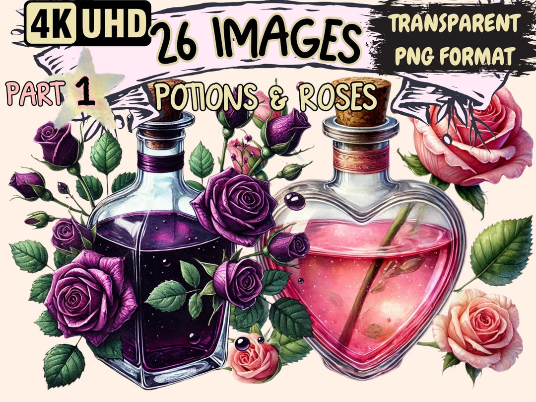 Potion & Roses Clipart - 26 PNG Enchanted Bottle and Floral ...