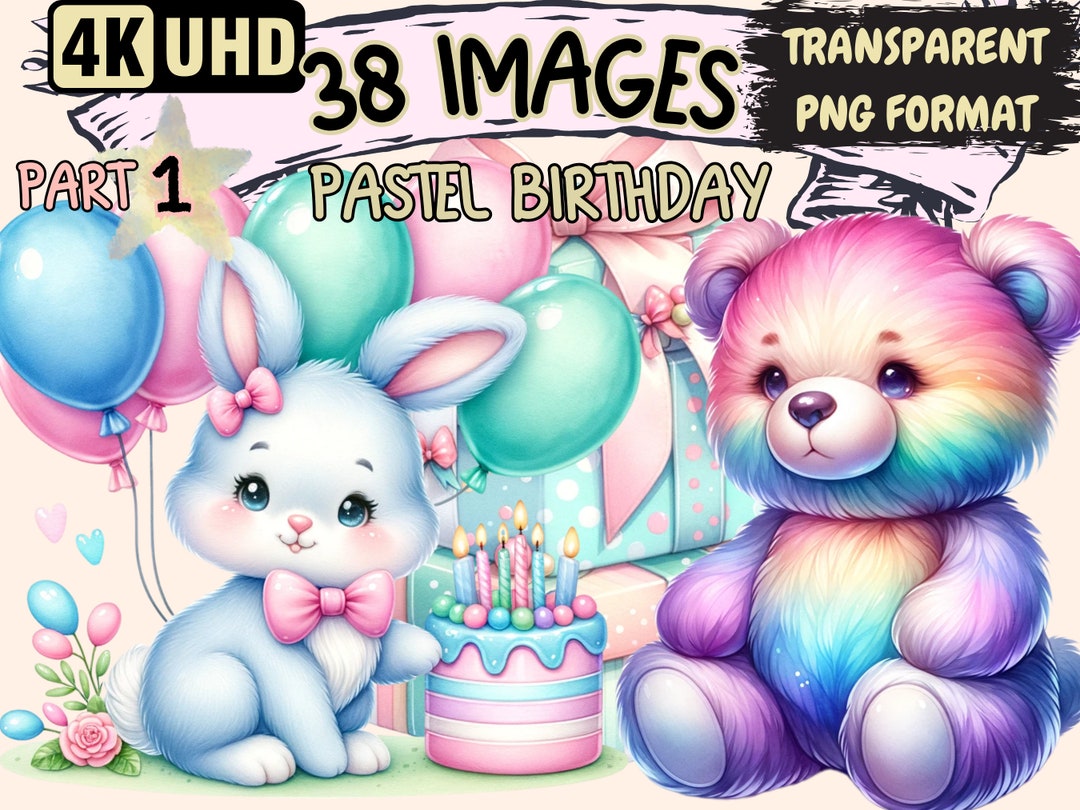 Pastel Birthday Clipart – 38 PNG Graphics, Commercial Use (digital ...