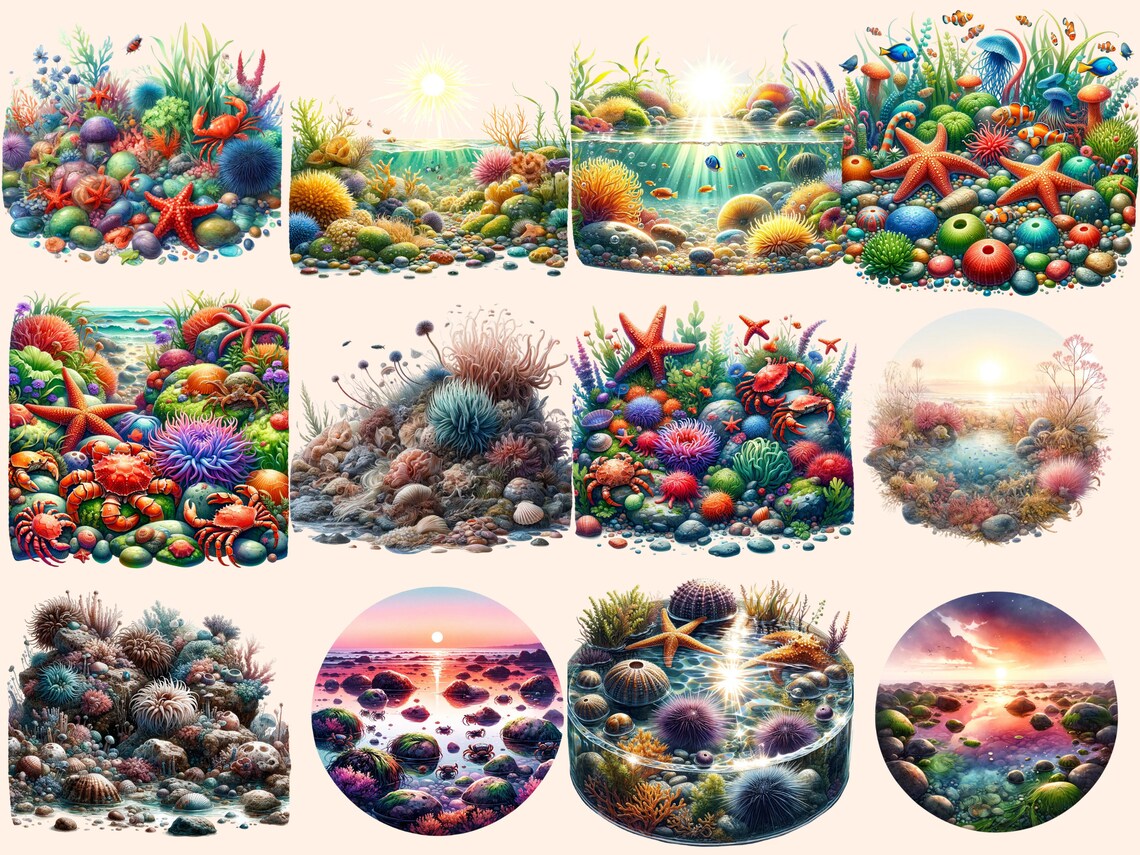 Tidepools Clipart – 24 PNG Marine Graphics, Sea Printables (digital ...