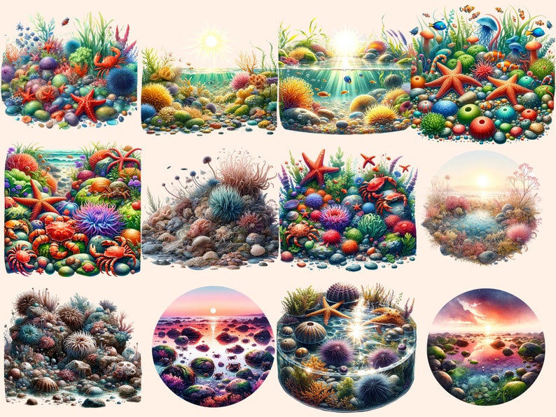Tidepools Clipart – 24 PNG Marine Graphics, Sea Printables (digital ...